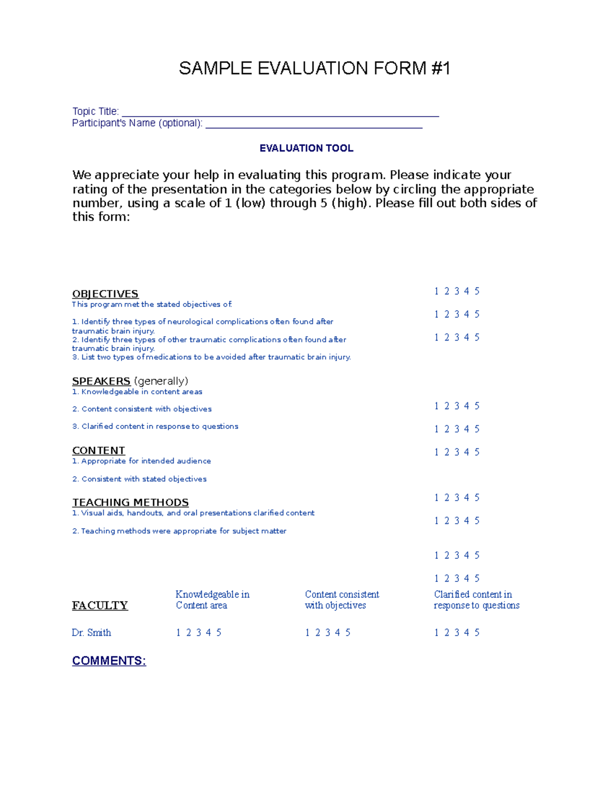 Sampleevaluationforms - SAMPLE EVALUATION FORM Topic Title: - Studocu