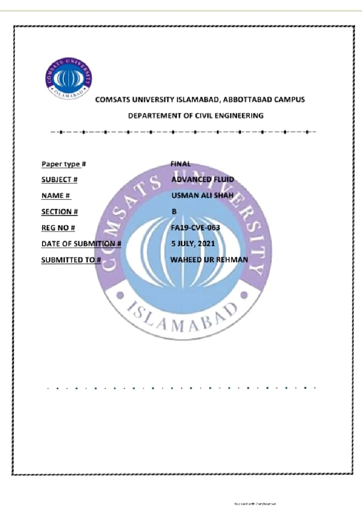 A fluid final usman 5 - Engineering ecnomics Assignment 1 comsats ...