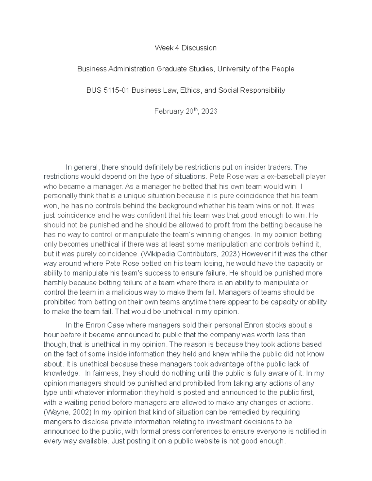 Week 4 discussion - Week 4 Discussion Business Administration Graduate ...