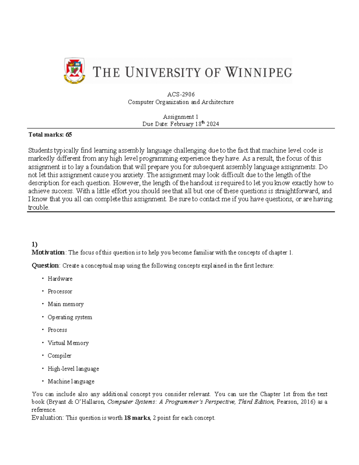 Assigment 1 - ACS- 2906 Computer Organization and Architecture Assignment 1 Due Date: February ...