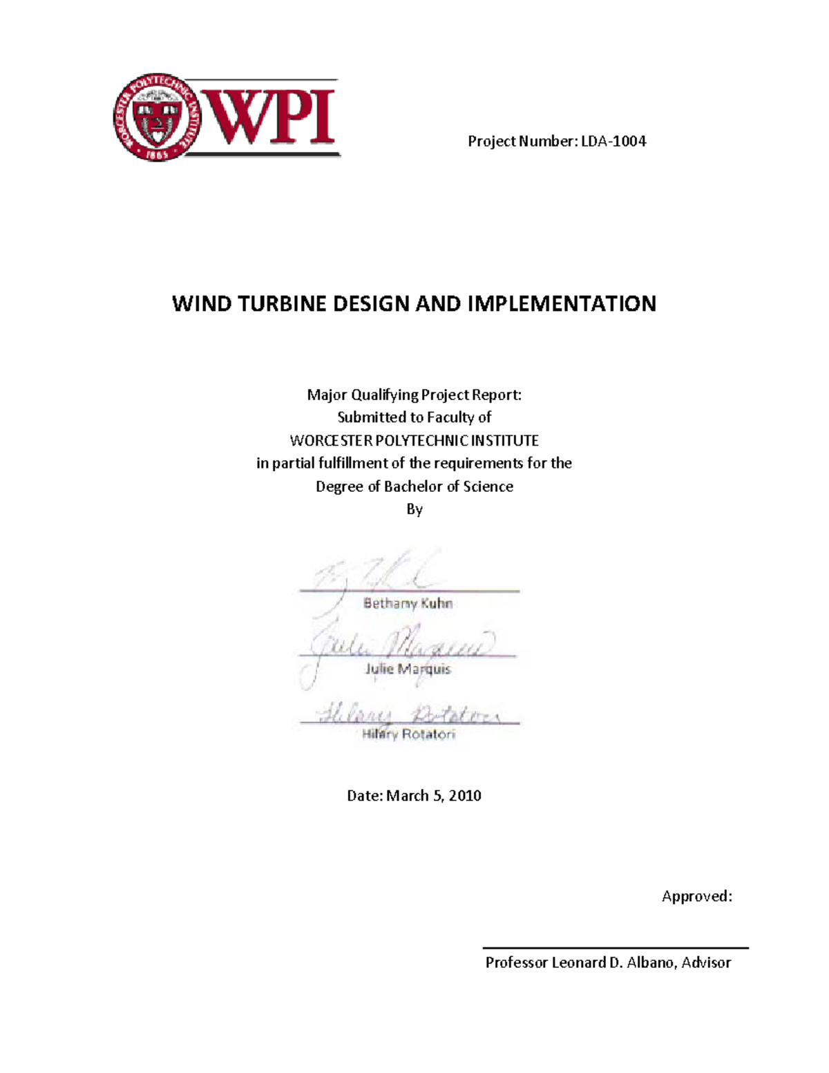 Turbine MQP - n/a - Project Number: LDA‐ 1004 WIND TURBINE DESIGN AND ...
