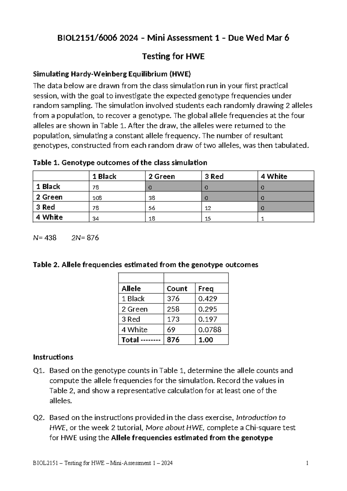 HWE Mini-Assessment 1 - BIOL2151/6006 2024 – Mini Assessment 1 – Due ...