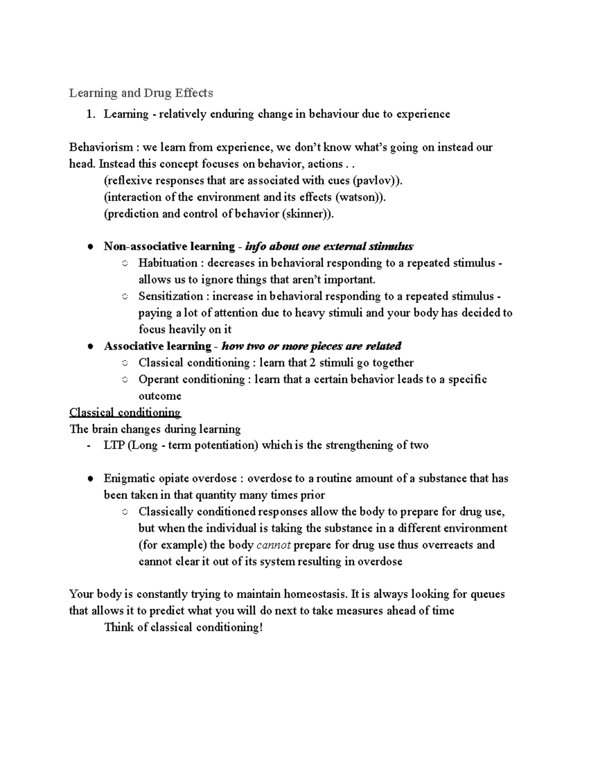 Classical conditioning lecture notes - Learning and Drug Effects ...