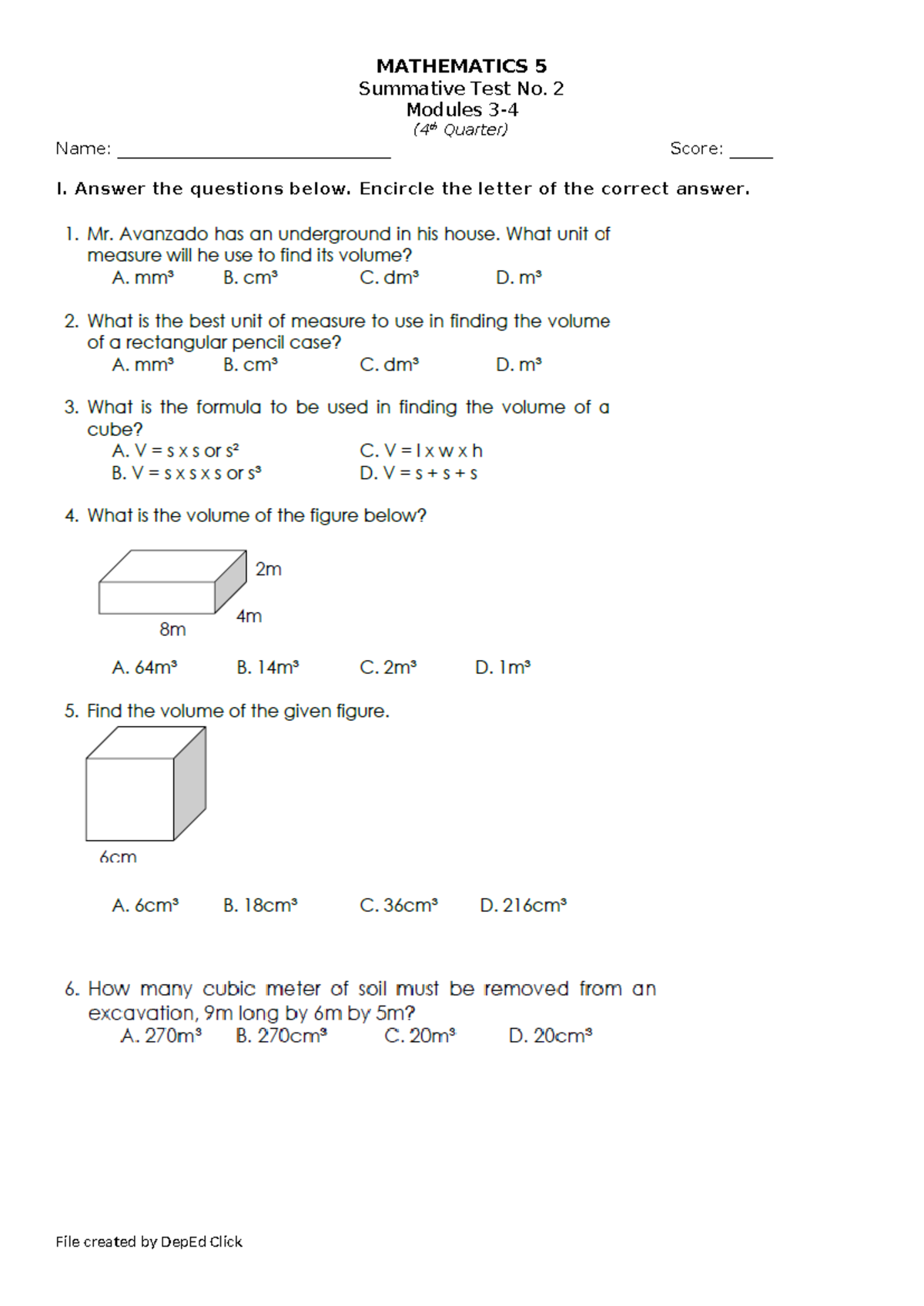 MATH5 ST2 Q4 - MATHEMATICS 5 Summative Test No. 2 Modules 3- (4th ...