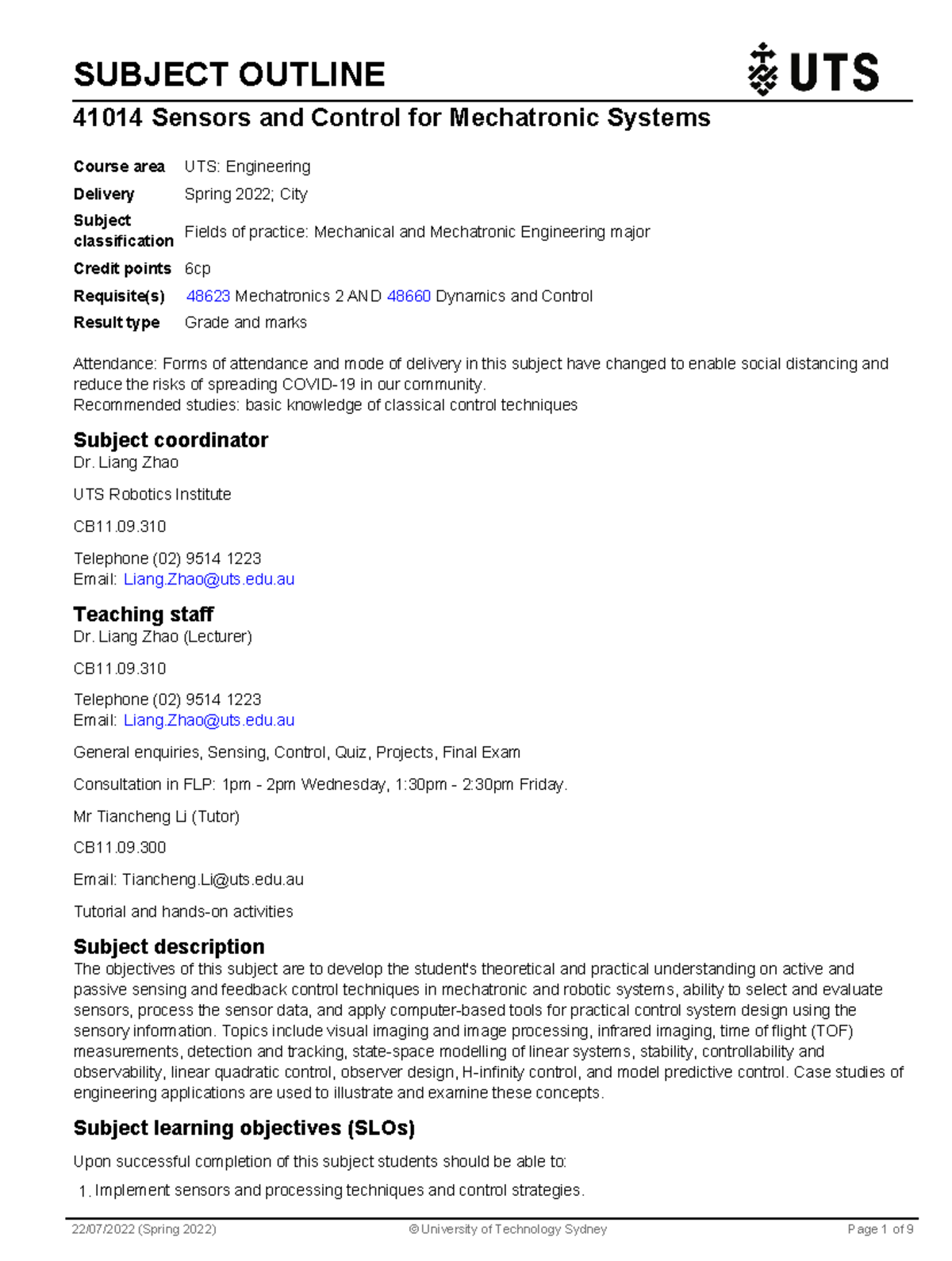 PDFs - Subject Outline for Sensors and Control for Mechatronic Systems ...