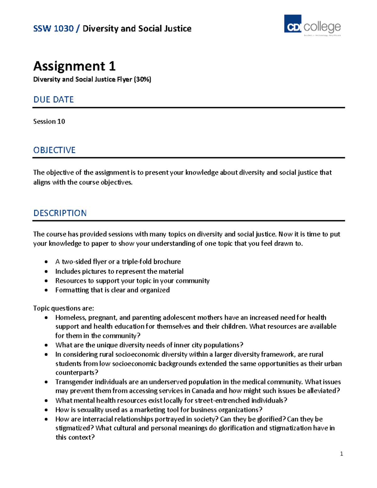 SSW1030 Assignment 1 Instructions 2023-0601 - Assignment 1 Diversity ...