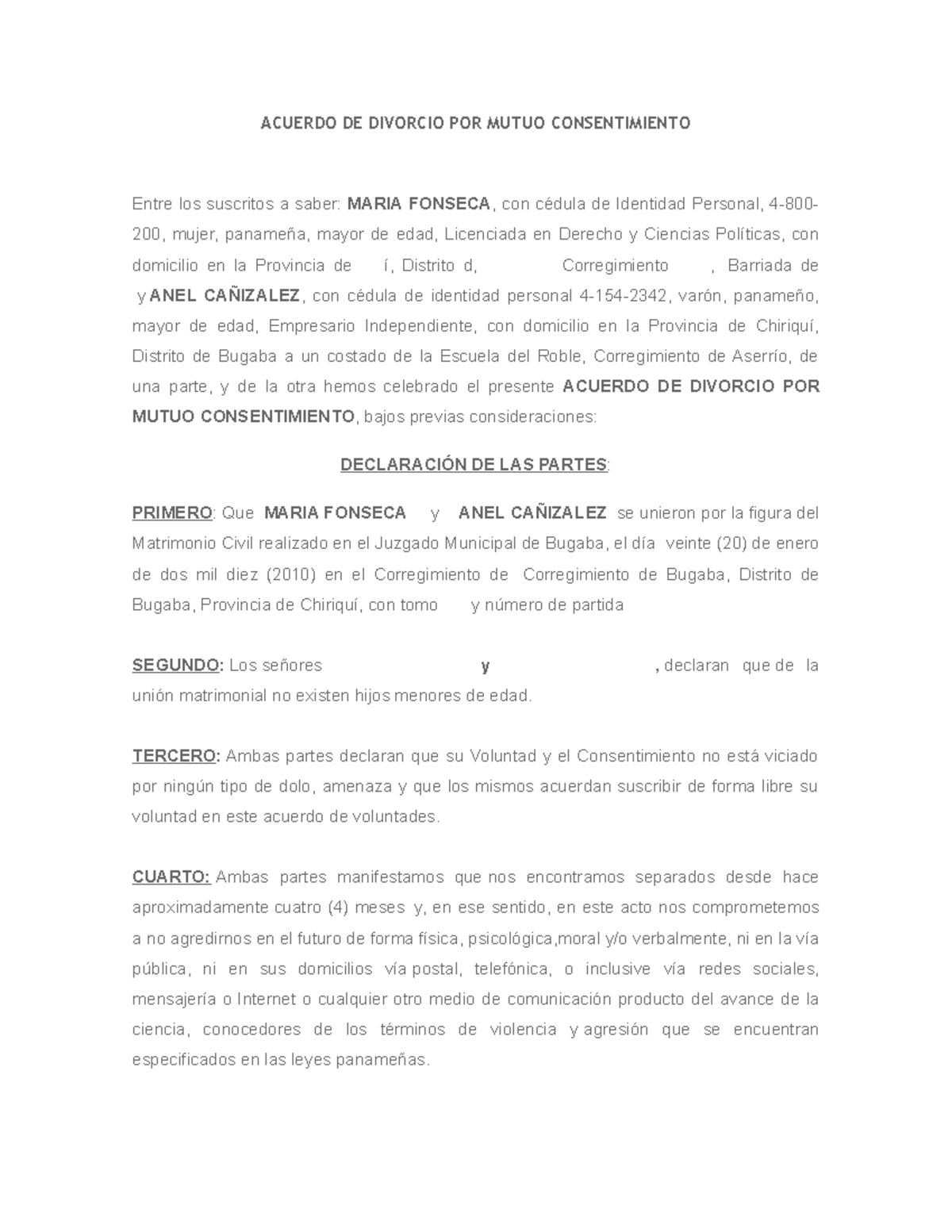 Acuerdo DE Divorcio POR Mutuo Consentimiento - ACUERDO DE DIVORCIO POR ...