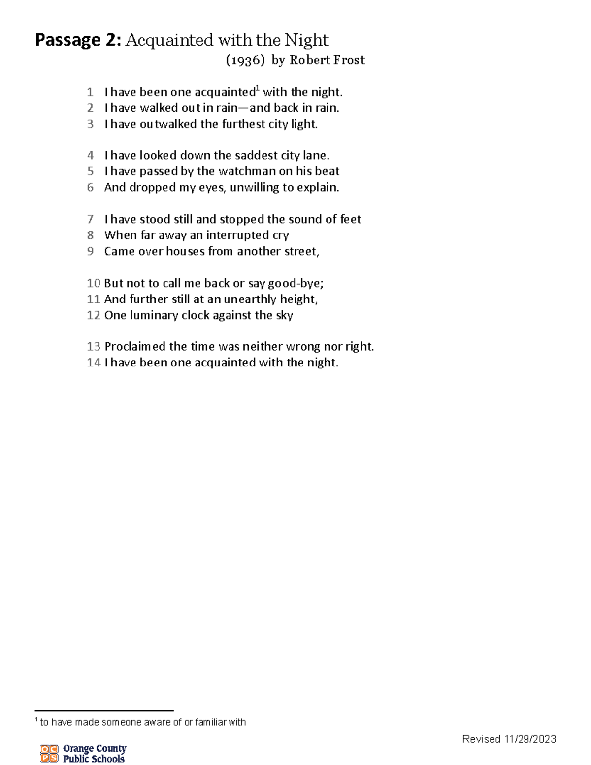 Acquainted with the Night by Robert Frost - 1 2 I have walked out in ...