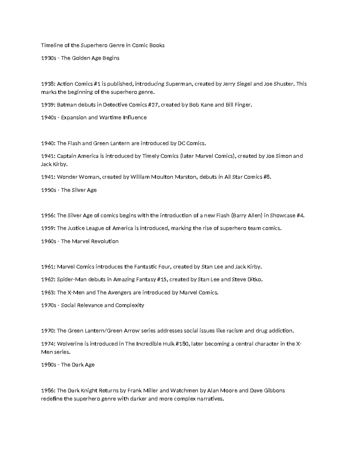 Timeline - to show the evolution of time - Timeline of the Superhero ...