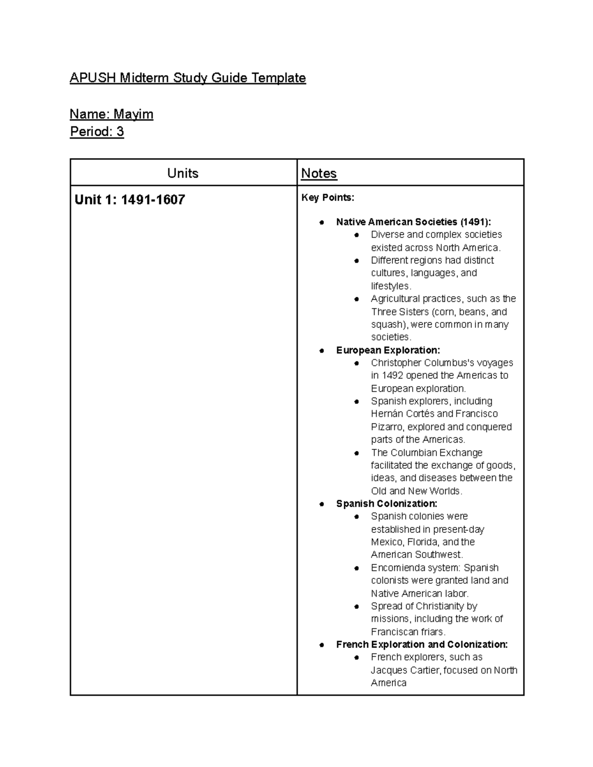 Mayim - Apush Midterm Study Guide - APUSH Midterm Study Guide Template ...