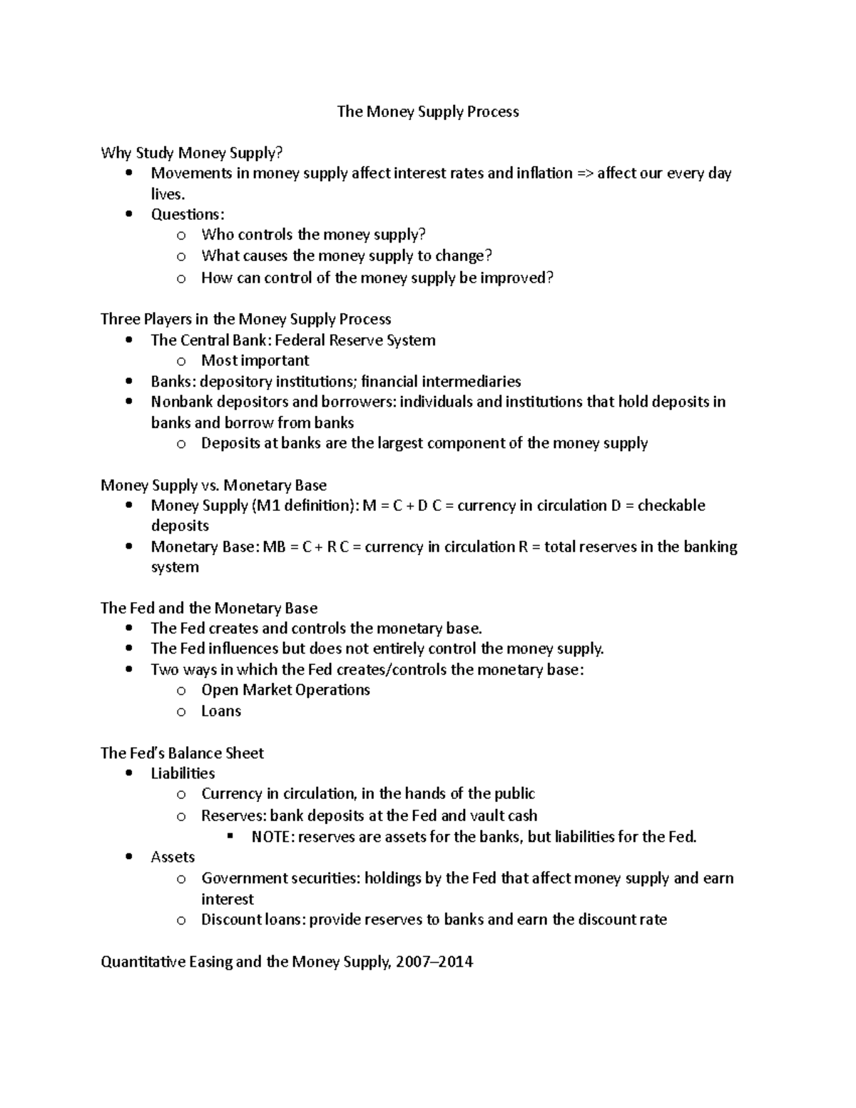 Ch. 14 The Money Supply Process - The Money Supply Process Why Study ...