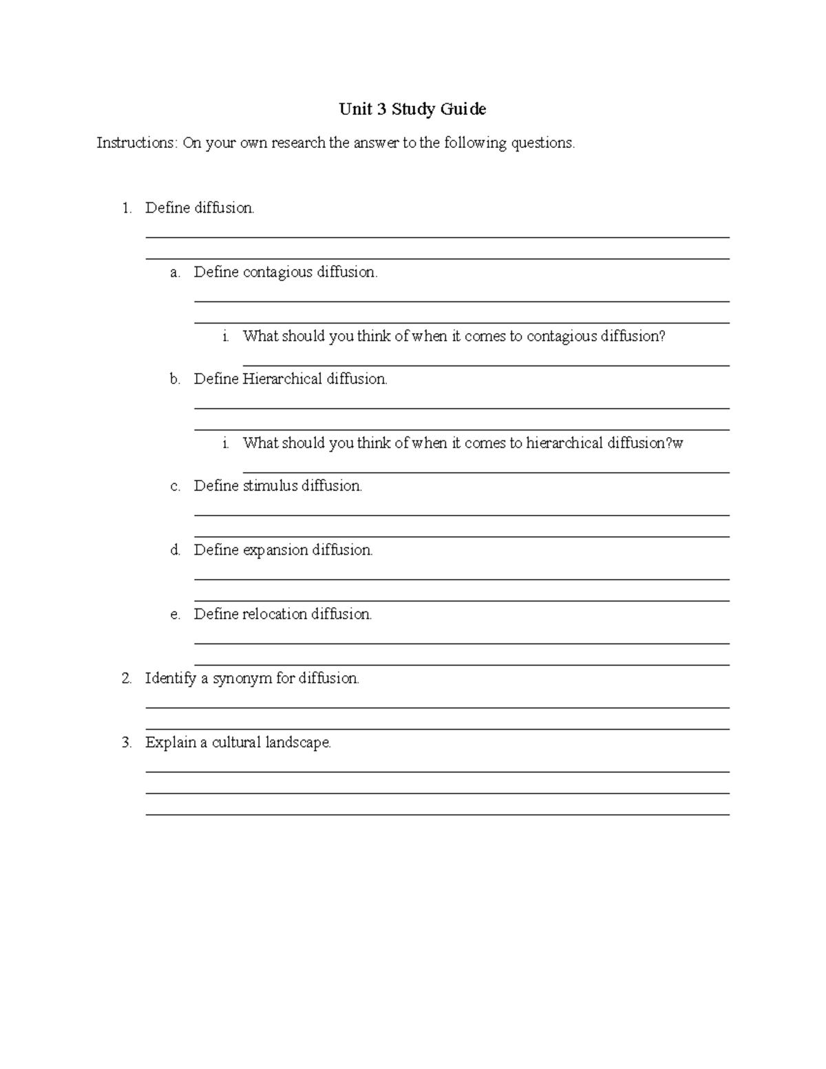 Unit 3 rexam study guide - Unit 3 Study Guide Instructions: On your own ...