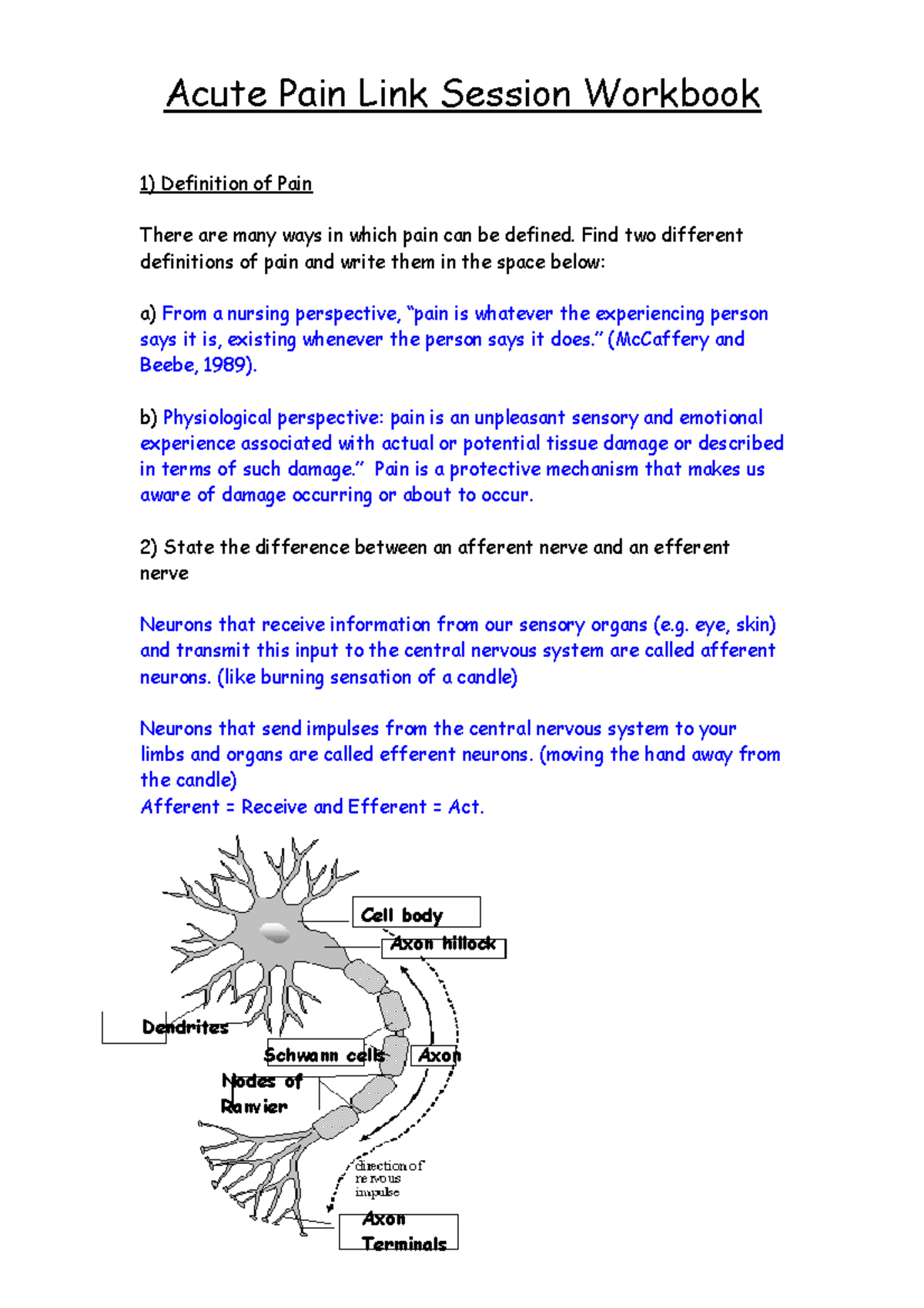 Pain Workbook - Acute Pain Link Session Workbook Definition of Pain ...