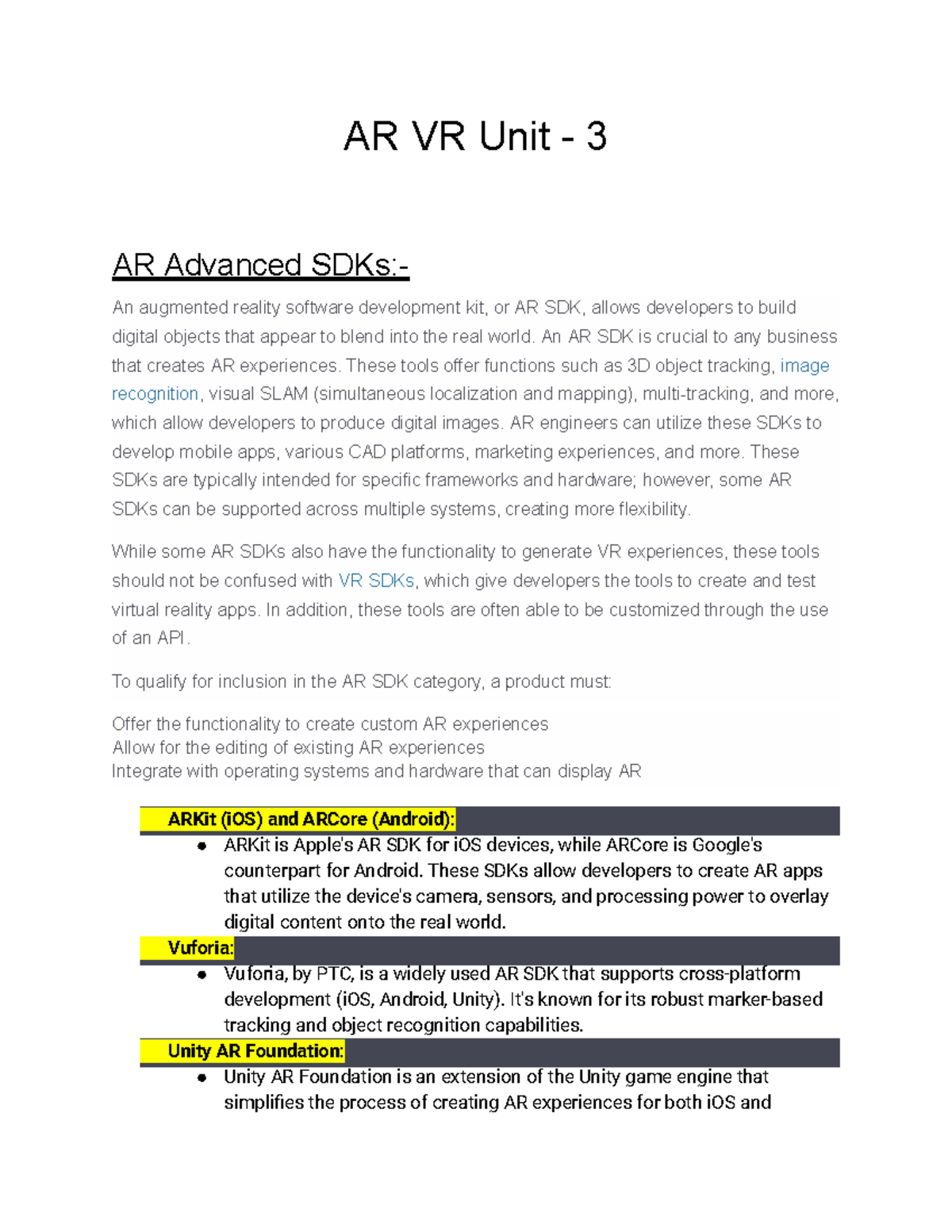 Unit 3 Notes - AR VR Unit - 3 AR Advanced SDKs:- An augmented reality ...
