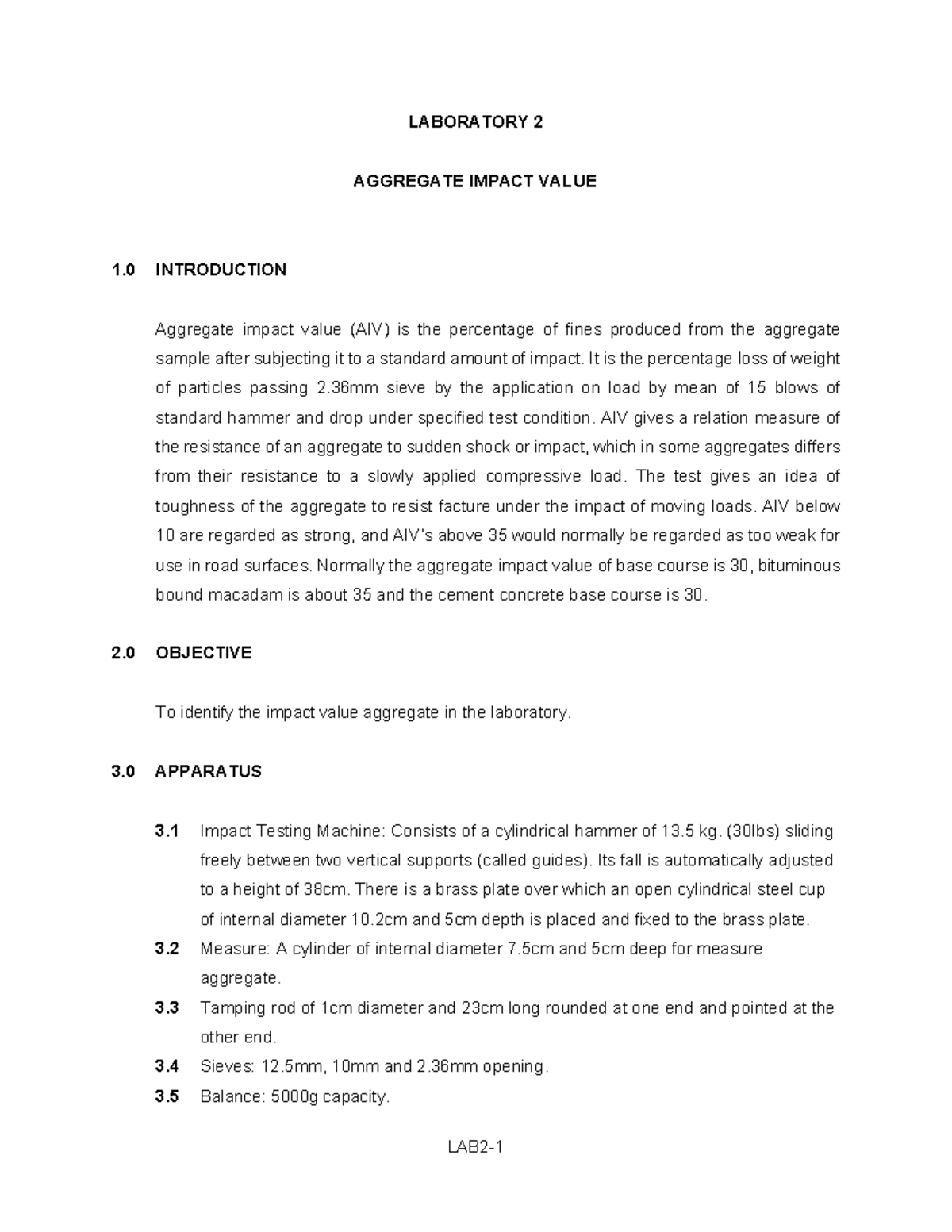 Lab 2 Aggregate Impact Value - LABORATORY 2 AGGREGATE IMPACT VALUE 1 INTRODUCTION Aggregate ...