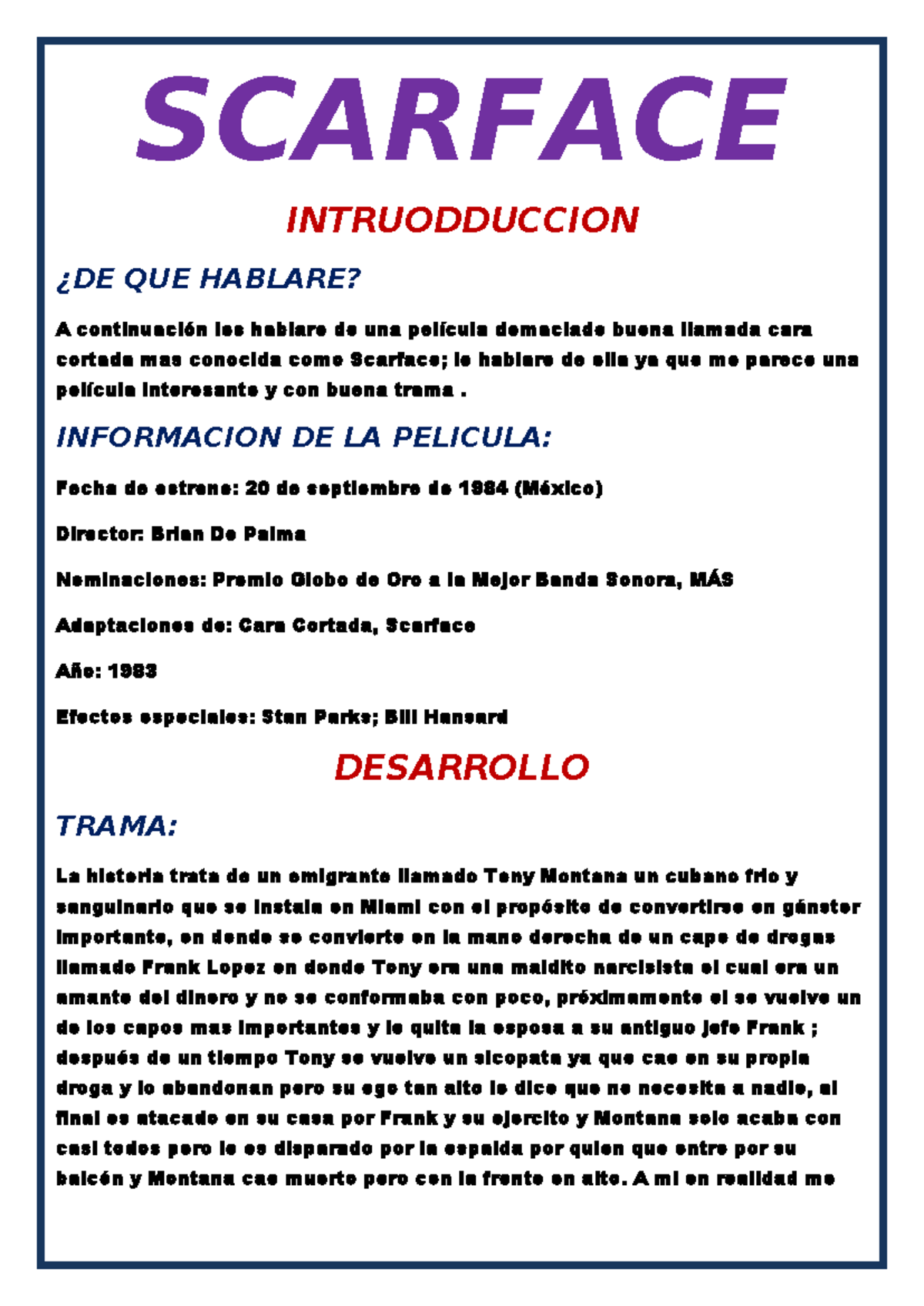 Scarface - una pelicula - SCARFACE INTRUODDUCCION ¿DE QUE HABLARE? A ...
