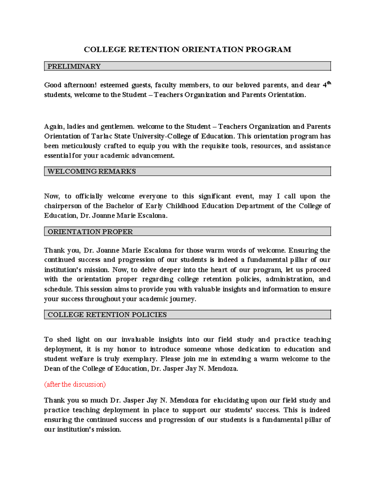 College Retention Orientation Program - COLLEGE RETENTION ORIENTATION ...