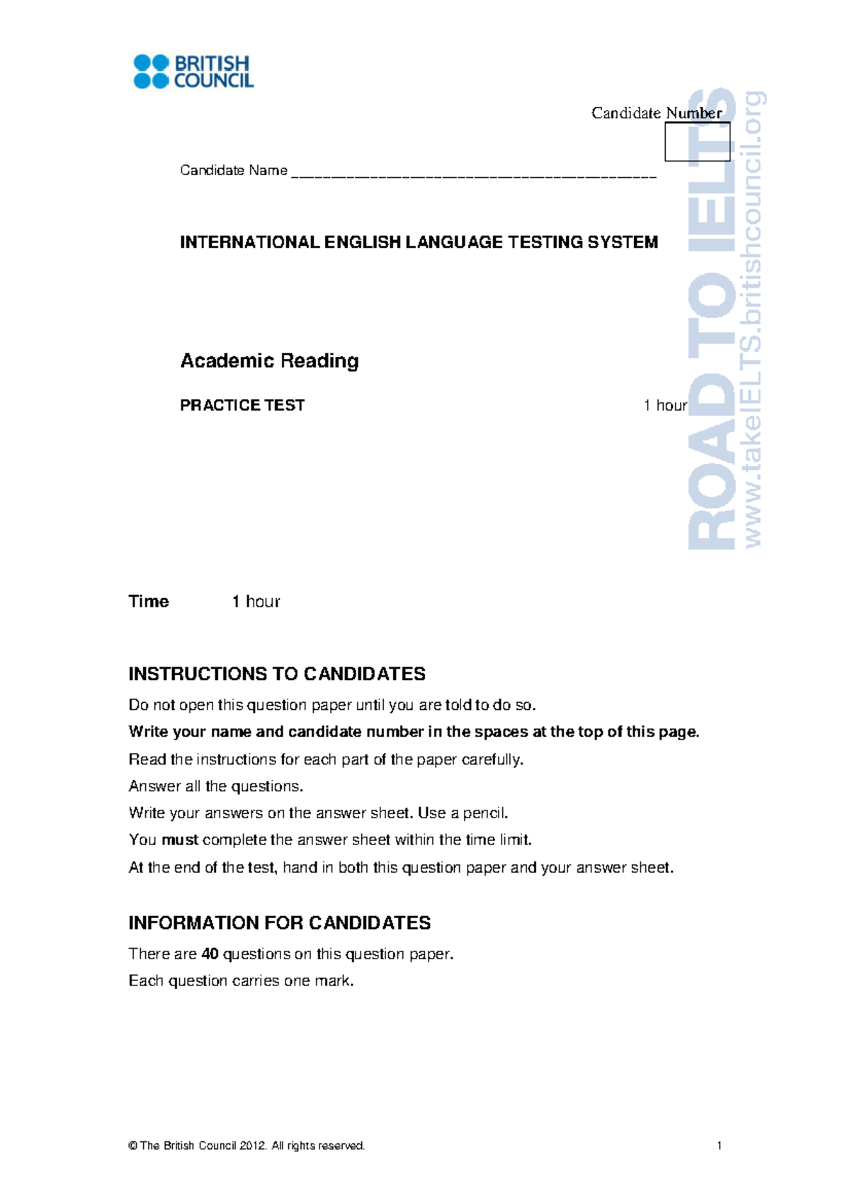 Road to Ielts Reading Test 1-6 - Candidate Number Candidate Name - Studocu