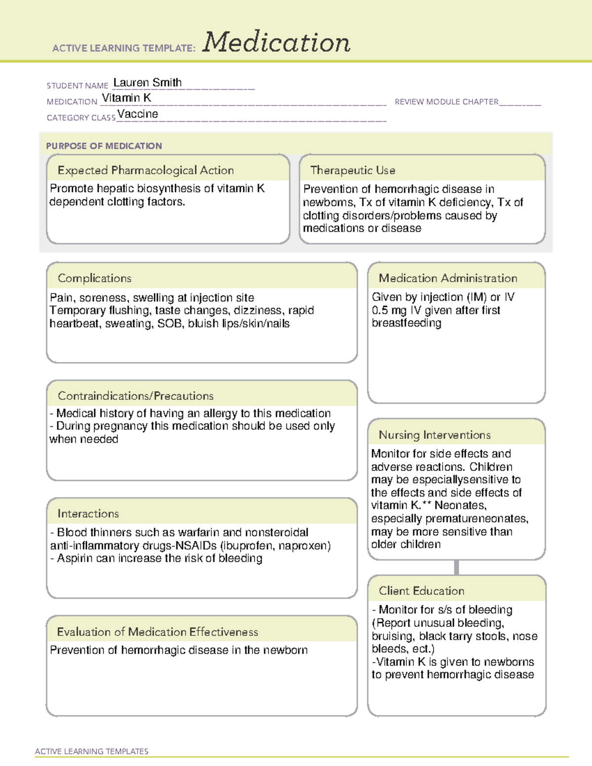 Vitamin K - med - ACTIVE LEARNING TEMPLATES Medication STUDENT NAME ...