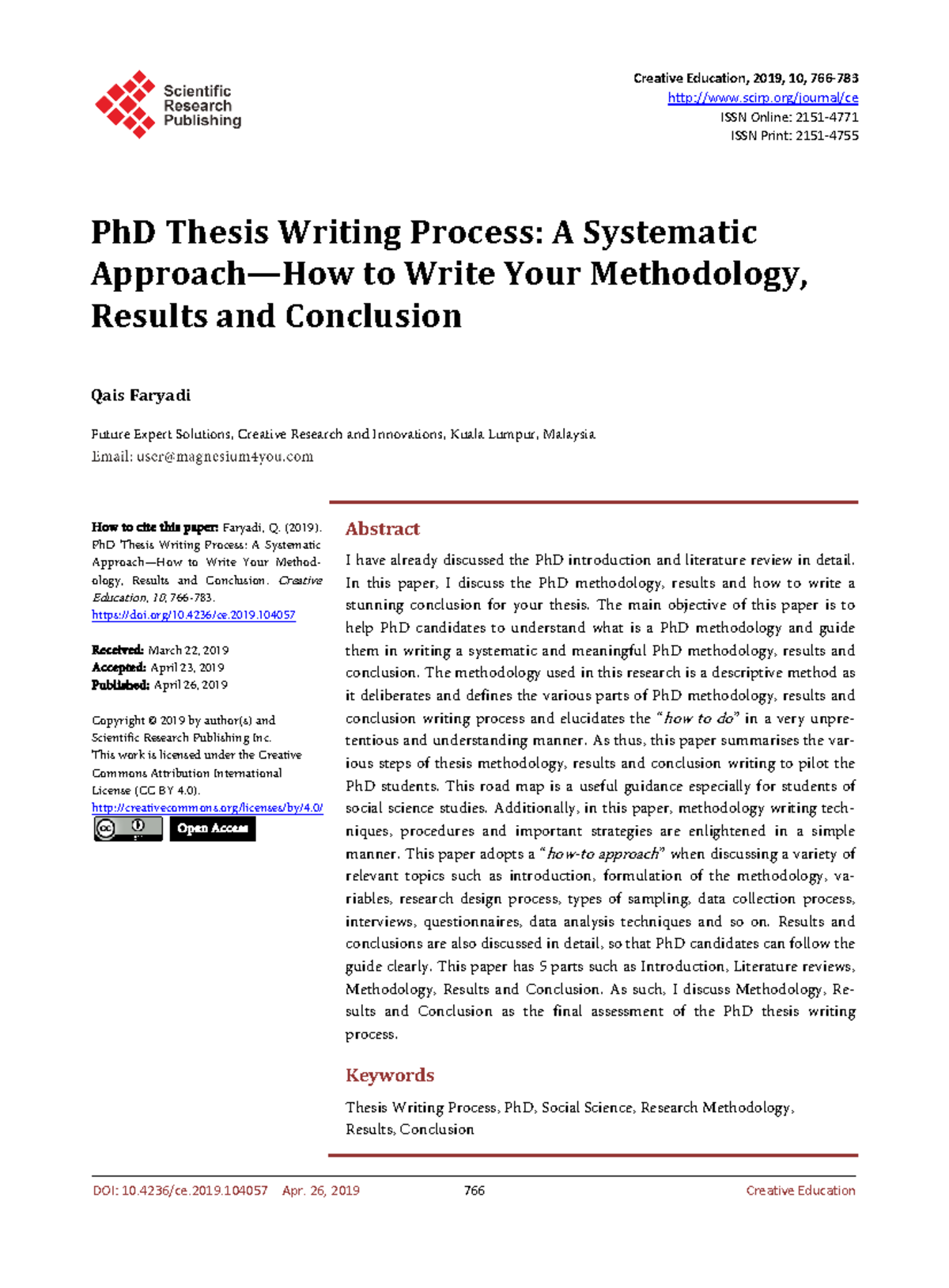 Thesis guide part1 - Creative Education, 2019, 10, 766- scirp/journal ...