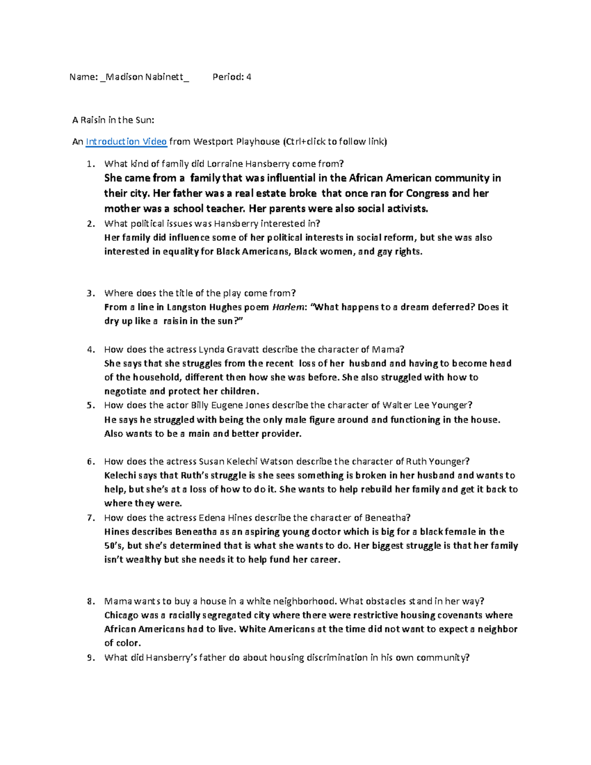 Raisin in the Sun Introduction with Video - Name: Madison Nabinett ...