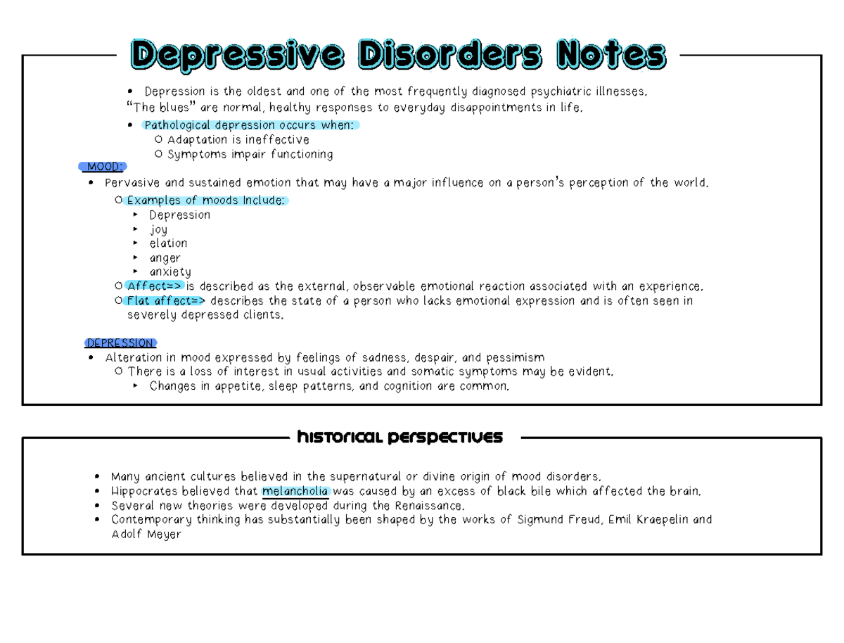 WEEK 6 notes (exam 2) Depression - Depressive Disorders Notes ...
