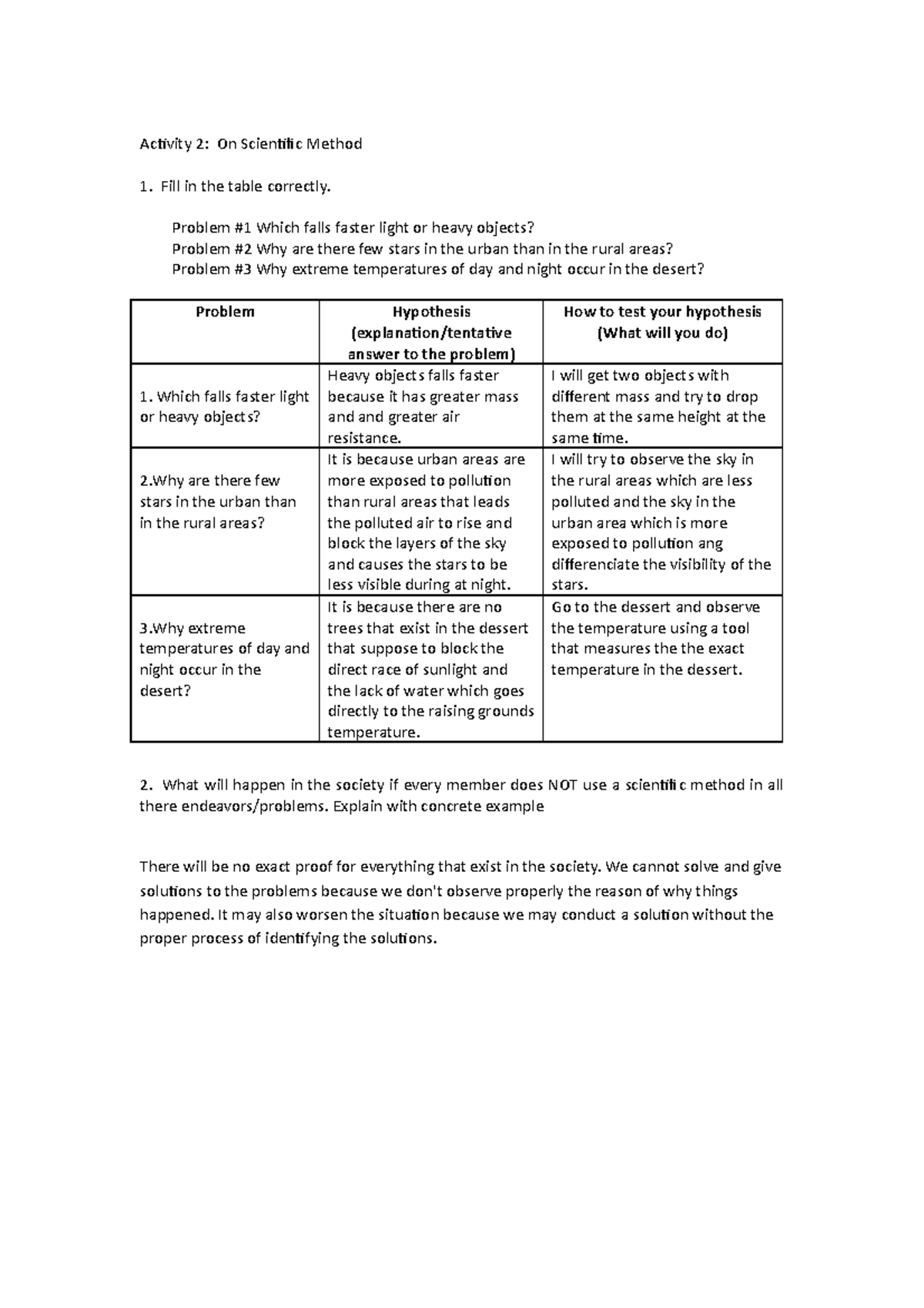 Activity 2 Scientific Method - Activity 2: On Scientific Method Fill in ...