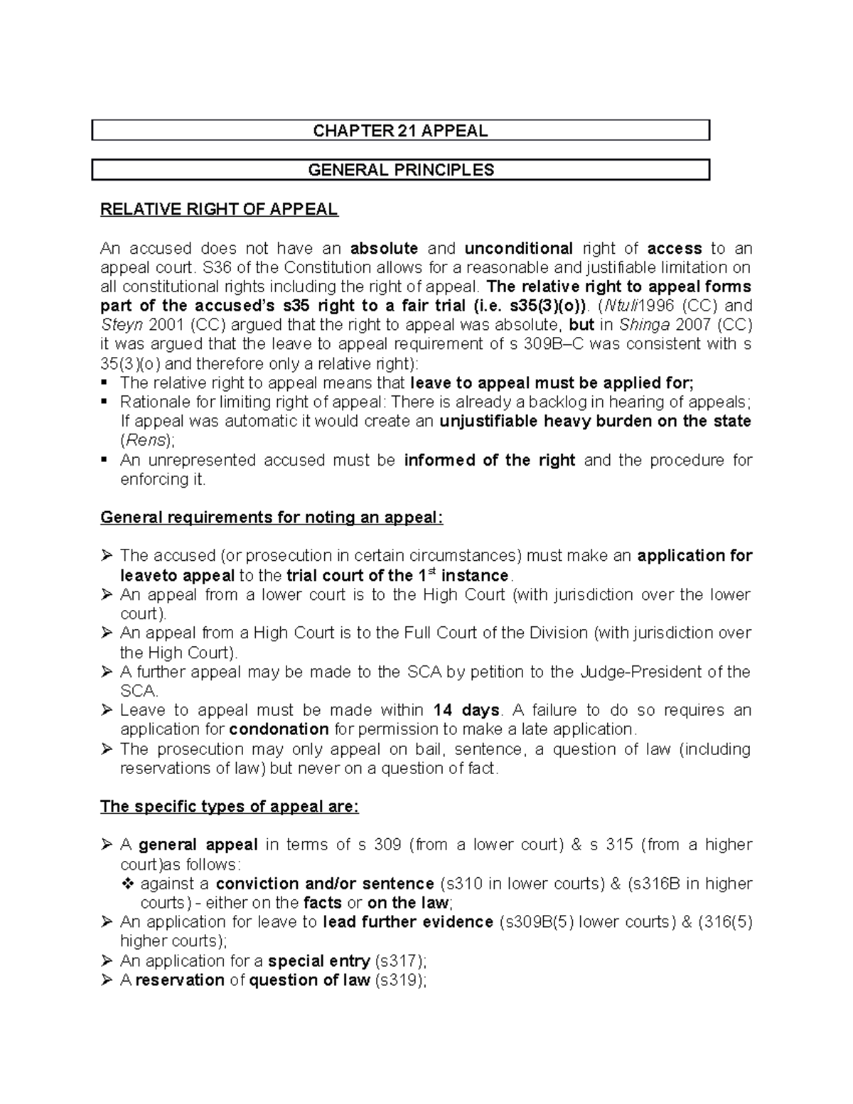 Appeal notes Joubert Chapter 21 - CHAPTER 21 APPEAL GENERAL PRINCIPLES ...