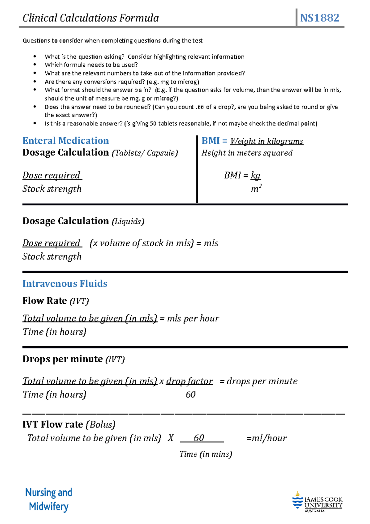 NS1882 - Clinical Calculation Formulas - Clinical Calculations Formula ...