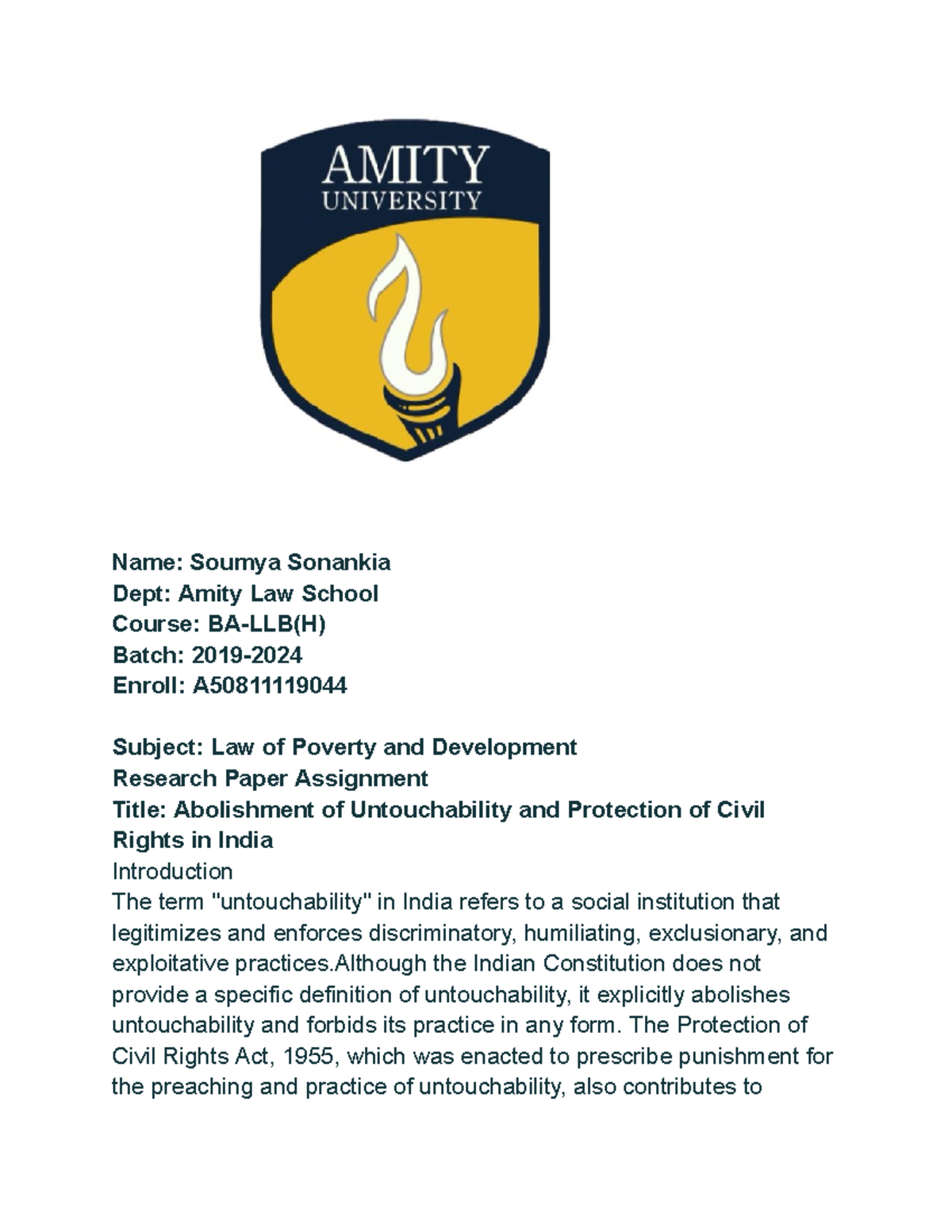 Copy of Assignment - Name: Soumya Sonankia Dept: Amity Law School ...
