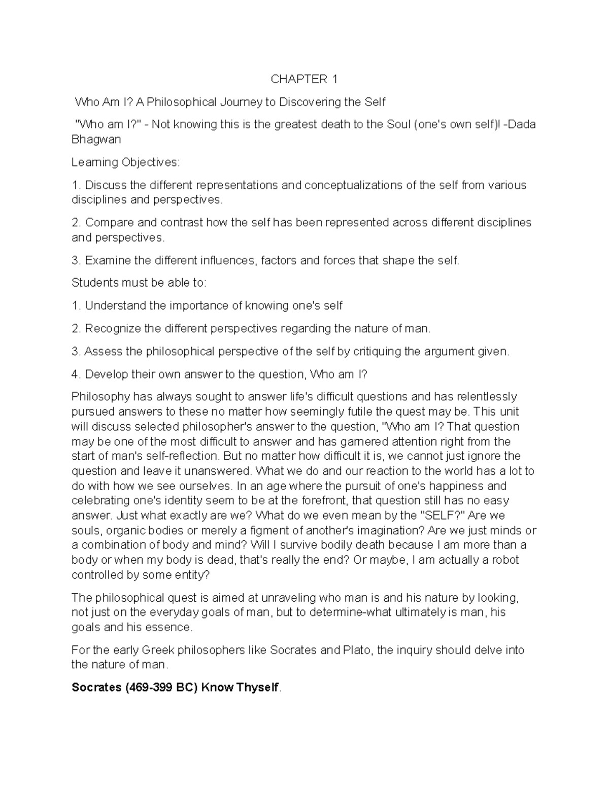 US Chapter 1 6 - notes - CHAPTER 1 Who Am I? A Philosophical Journey to ...