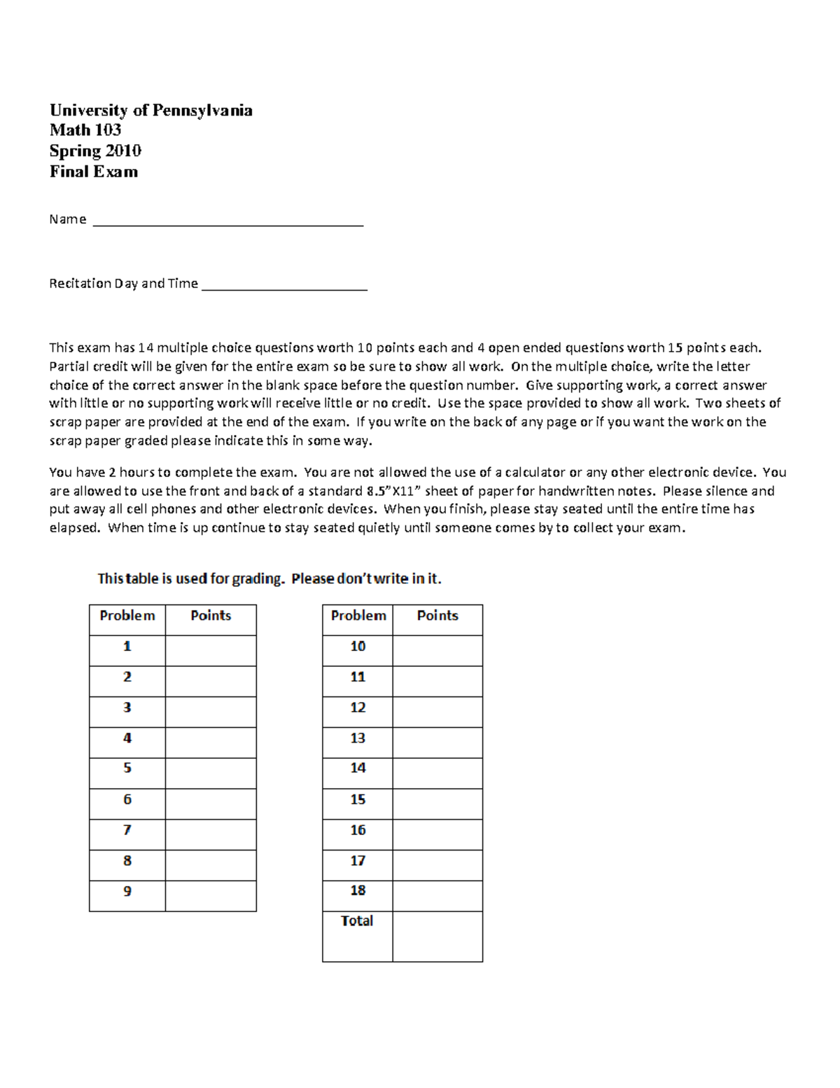 103S10finalnosp - Finals Practice Questions - University of ...