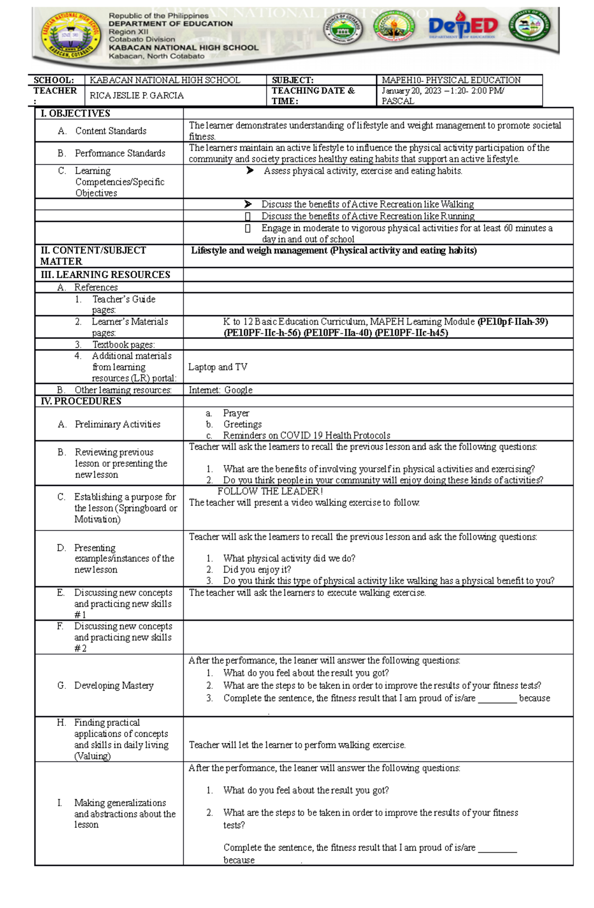 PE- jan 20 - Copy - lesson plan - I. OBJECTIVES A. Content Standards ...