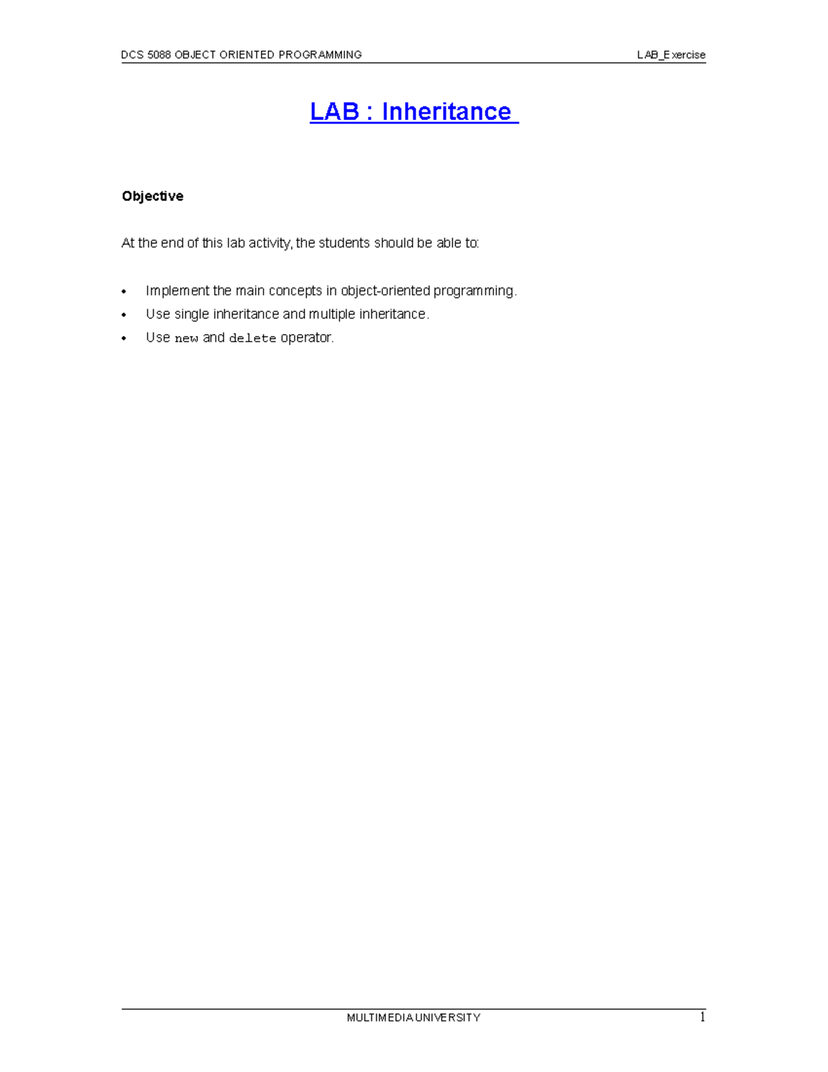 33070 Lab Exe Inheritance - DCS 5088 OBJECT ORIENTED PROGRAMMING LAB ...