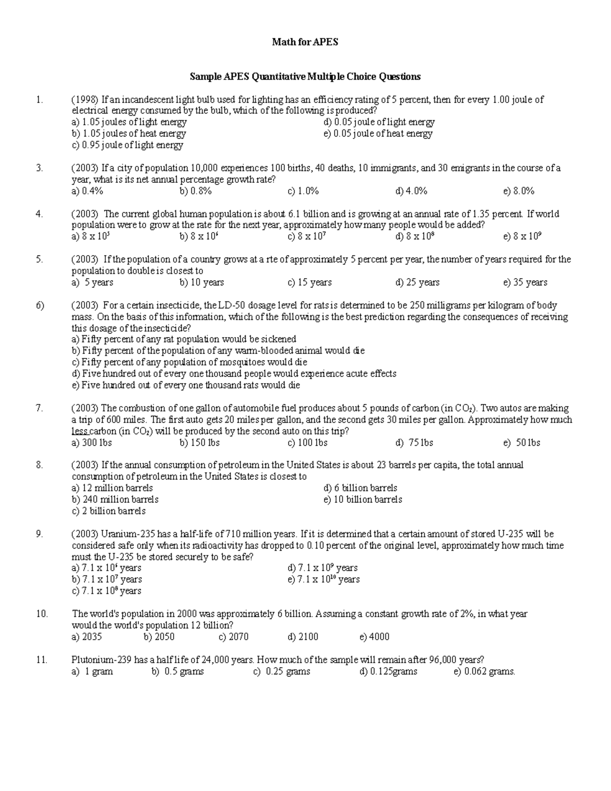 Quantitative multiple choice questions - Math for APES Sample APES ...