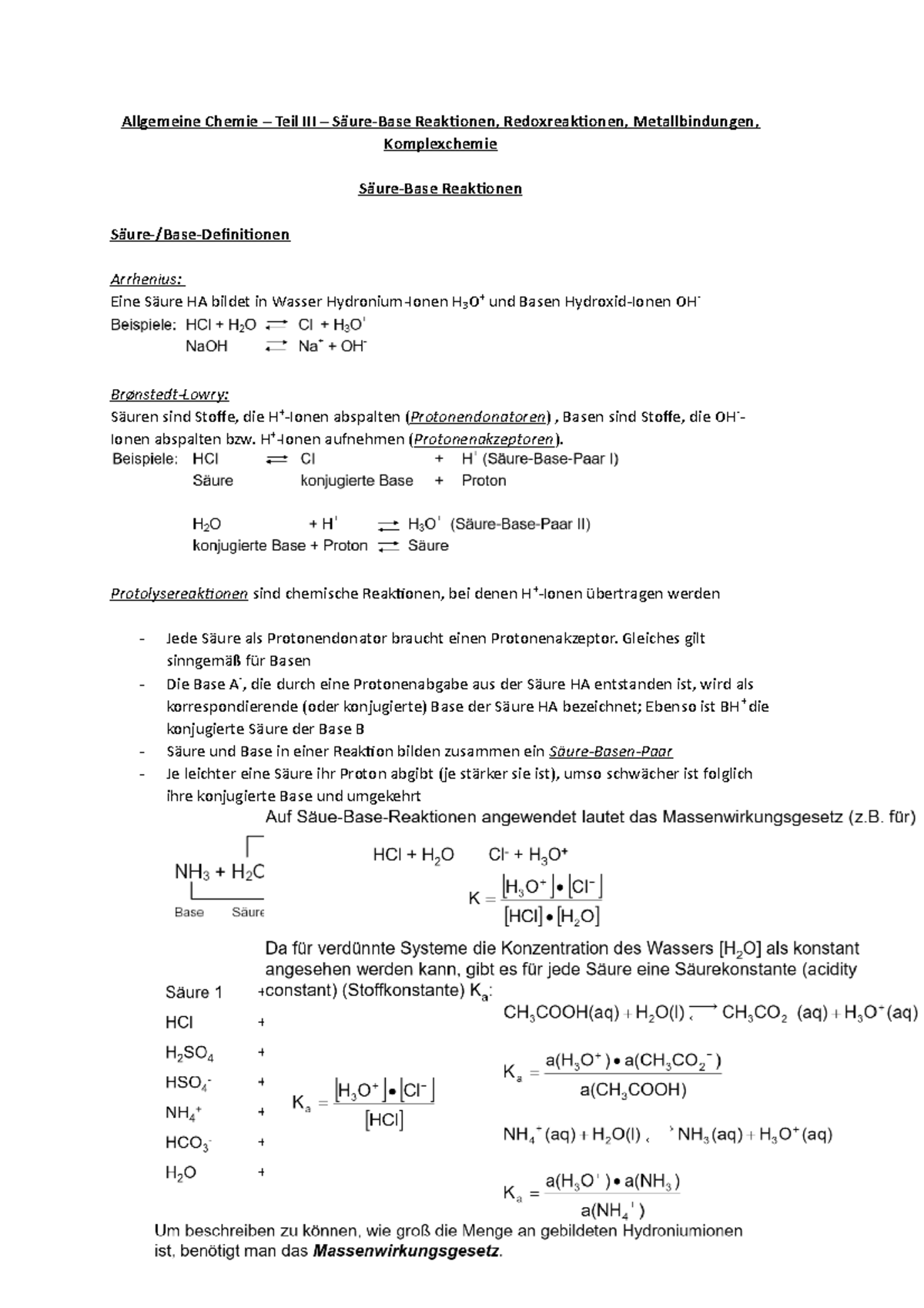 Allgemeine Chemie – Teil III – Säure-Base Reaktionen, Redoxreaktionen ...