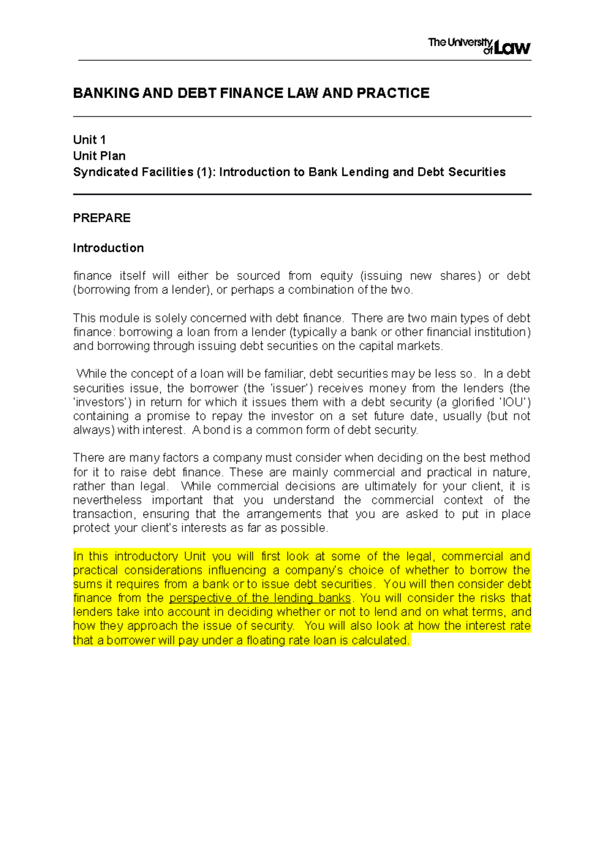 Unit 1 Banking and Debt - BANKING AND DEBT FINANCE LAW AND PRACTICE ...