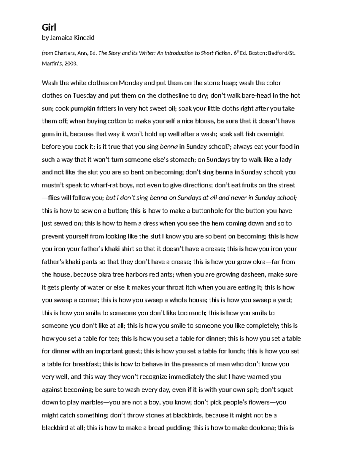 Girl by Jamaica Kincaid - Girl by Jamaica Kincaid from Charters, Ann ...