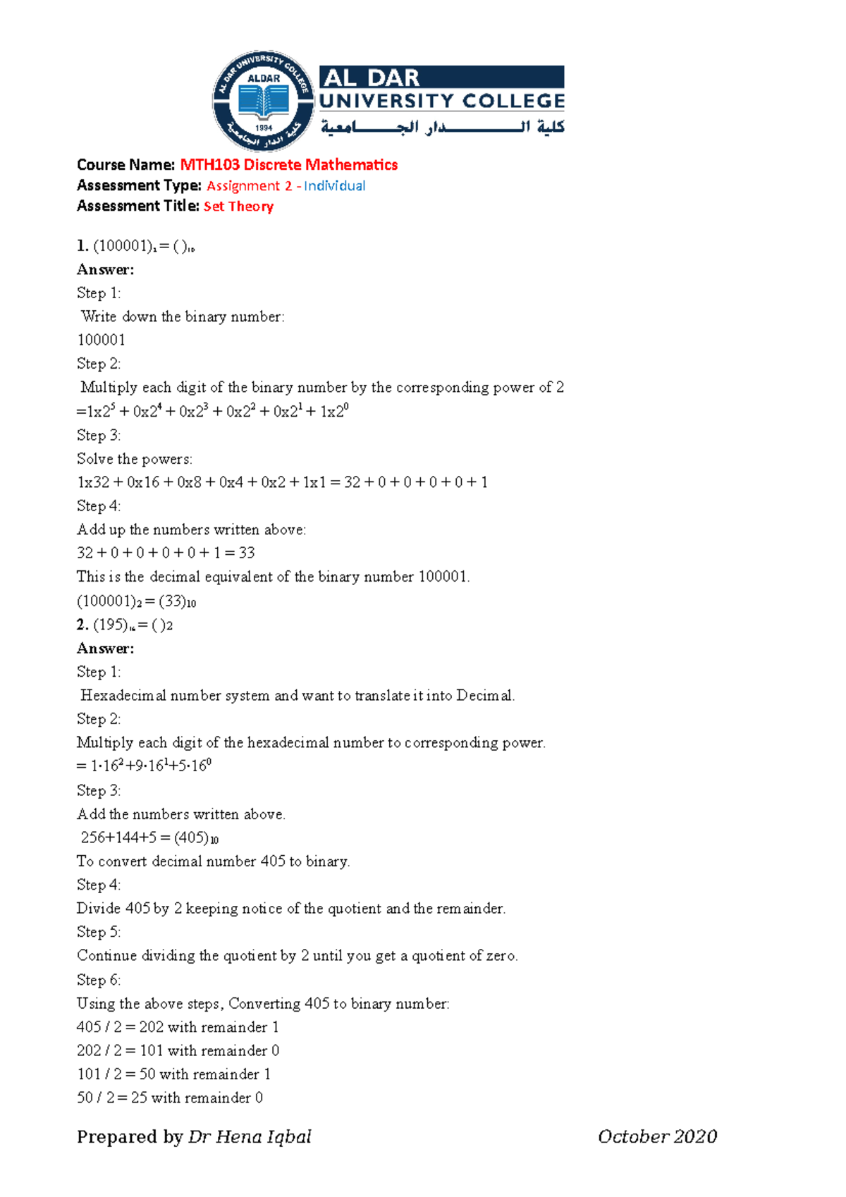 Assignment 2 -Discrete Maths M - Course Name: MTH103 Discrete ...