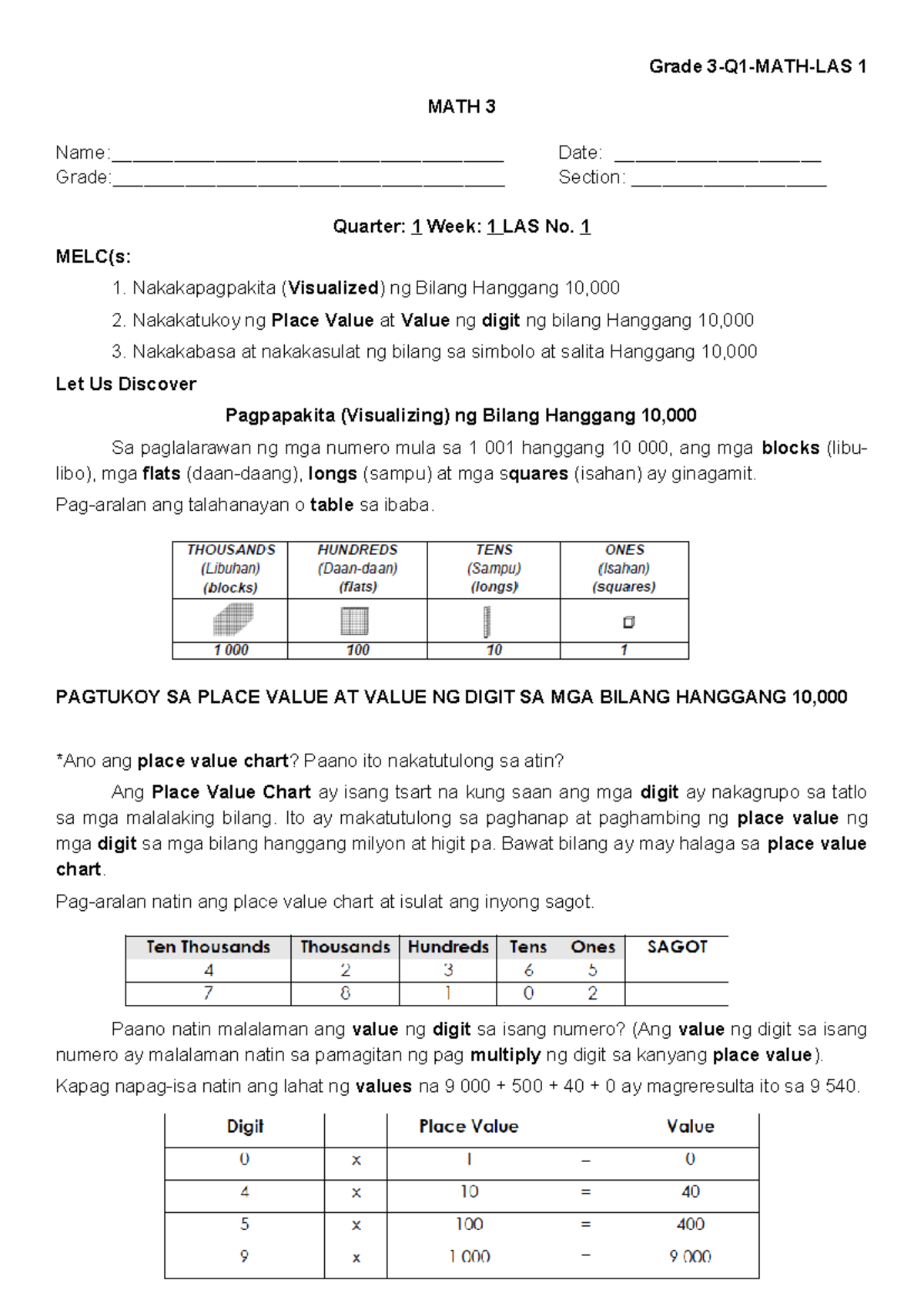 Grade 3-Q1-MATH-LAS 1 - lesson log - Grade 3-Q1-MATH-LAS 1 MATH 3 - Studocu