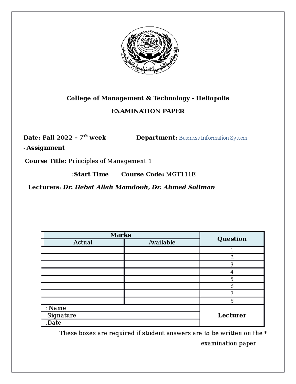 7th week assignment - fall 2022 - College of Management & Technology ...