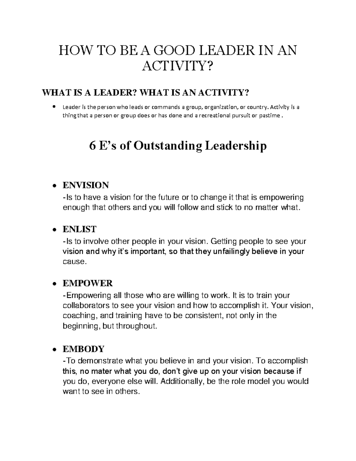 HOW TO BE A GOOD Leader IN AN Activity - HOW TO BE A GOOD LEADER IN AN ...