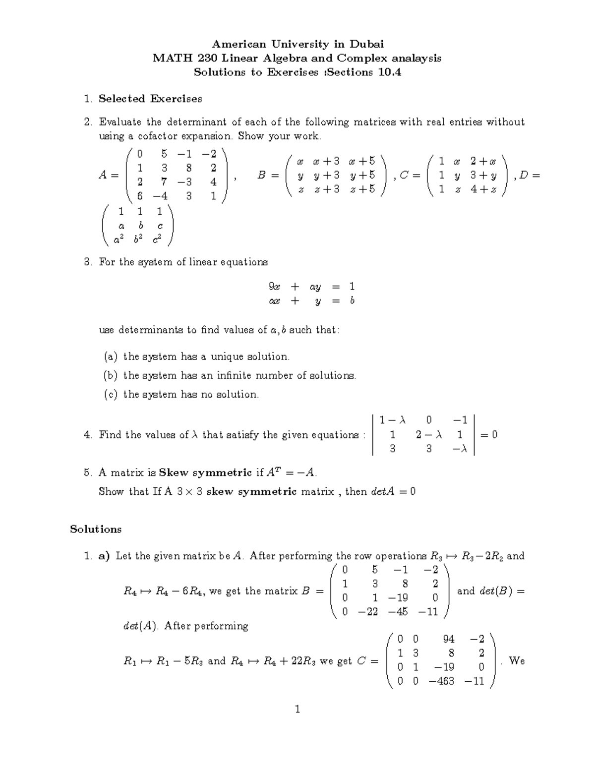 Solutions 10 - American University in Dubai MATH 230 Linear Algebra and ...
