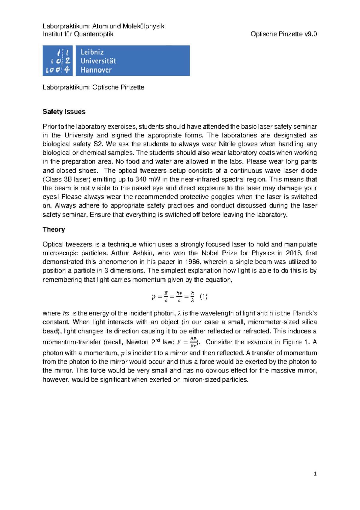 V9 Optical Tweezers of Advanced Praktikum - Institut für Quantenoptik ...