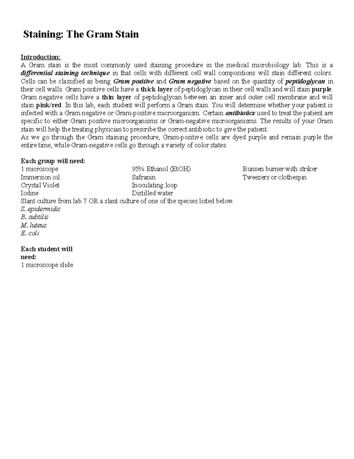 Gram Staining - lab - Staining: The Gram Stain Introduction: A Gram ...