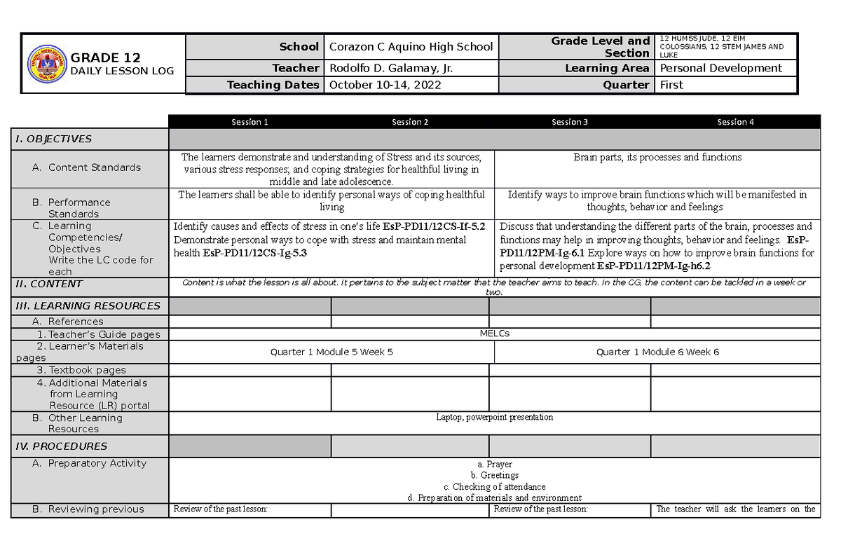 Module 6 week 6 Oct. 10-14, 2022-used - GRADE 12 DAILY LESSON LOG ...