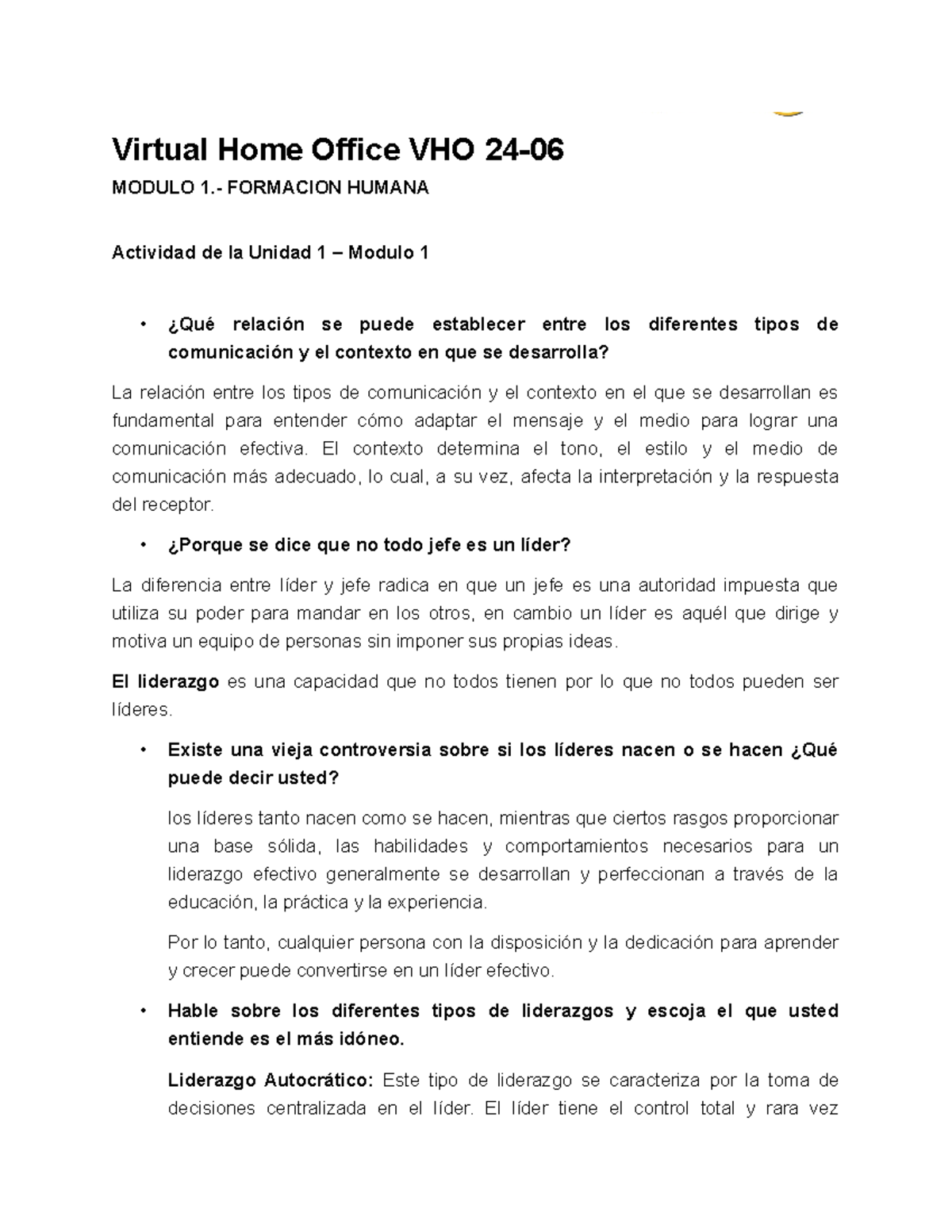Actividad I Módulo I Virtual Home Office - Virtual Home Office VHO 24- MODULO 1.- FORMACION ...