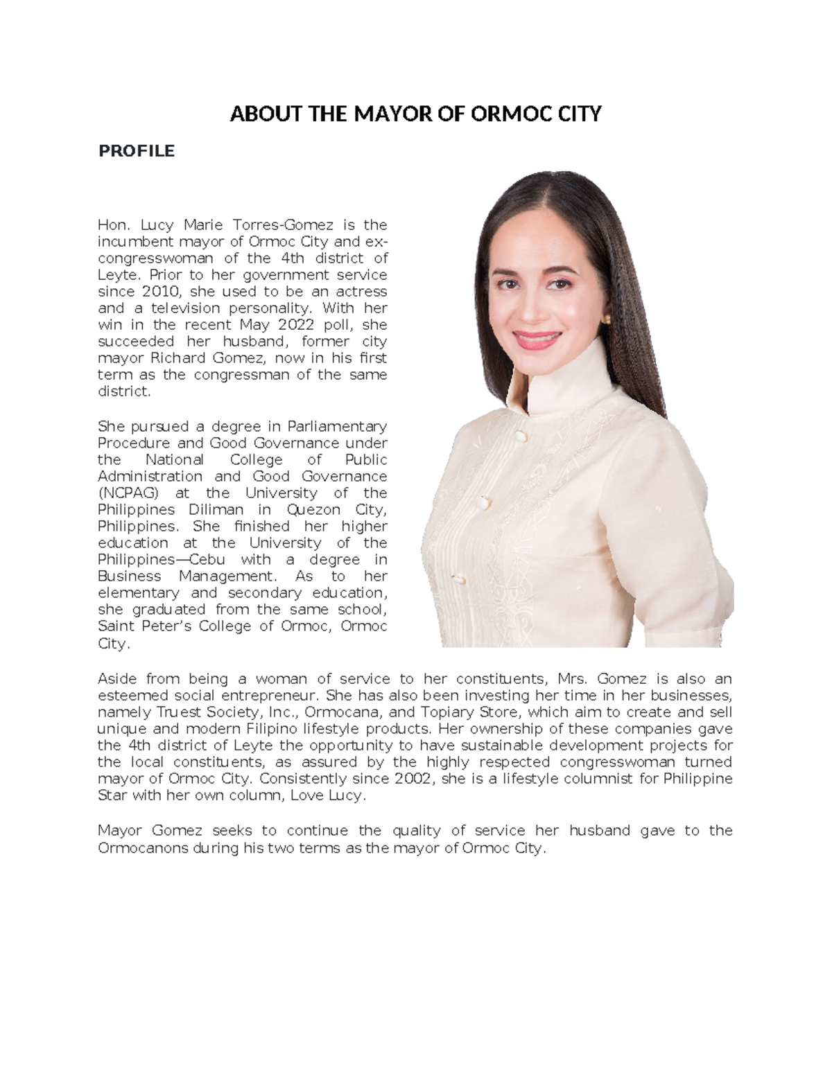 About the City mayor of Ormoc - ABOUT THE MAYOR OF ORMOC CITY PROFILE ...