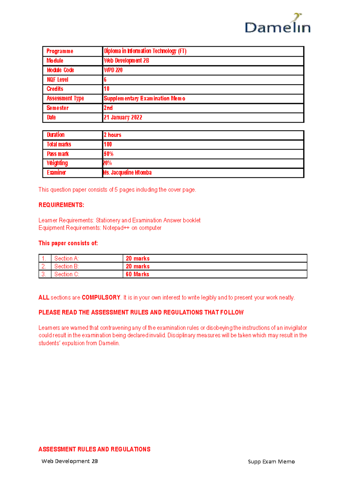 Web Development 2B Supp Exam Memo - Programme Diploma in Information ...