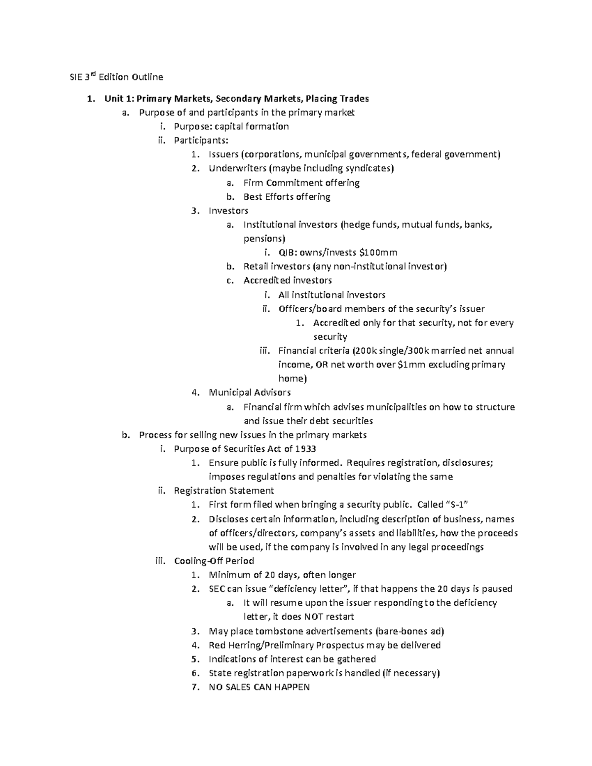 SIE Outline 3rd edition - SIE 3rd Edition Outline Unit 1: Primary ...